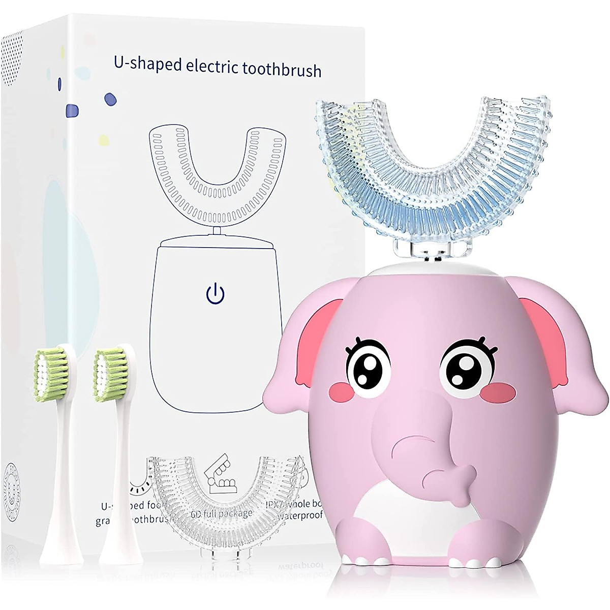 ELOTAME Kid Electric U Shaped Toothbrush with 4 Soft Brush Heads Rechargeable Children Toothbrush with 6 Cleaning Modes IPX7 Waterproof - (Age 2-7 Pink)