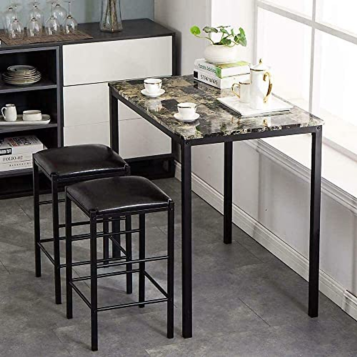 Dining Chair Modern Classic Black Style 3 PCS Counter Height Set Table 2 Kitchen Bar Furniture Thick Sturdy Suitable for Your Luxury Place Elegant Touch Stylish Dinner Room Home Office Restaurant QZPU