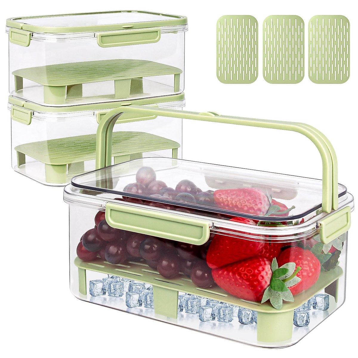 YUNLINLI 3 Pcs Large Fruit Storage Containers For Fridge with Removable Colanders, Airtight Food Storage Containers with Lids, Reusable Produce Saver with Handle, Stackable Plastic Fruit Veggie Saver
