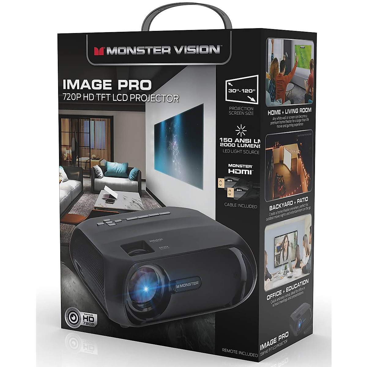 Monster Image Pro Extra-Bright LCD Projector, 2000 Lumens, Projects Up to 16ft, Max Resolution: 1080 HD, Universal Image/Audio/Video Support, AV/USB/HDMI/SD Input