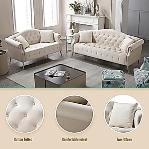 Homtique Sofa Set for Living Room 2 Piece, Modern Velvet Loveseat Sofa Set Upholstered Button Tufted Nailhead Trimming Rolled Arm and Metal Legs, Velvet Sofa Couch with 4 Pillows(Beige)