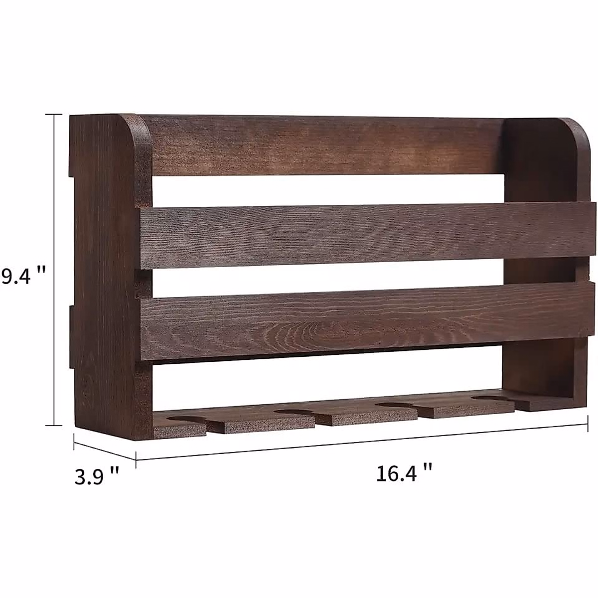 Wall Mounted Wine Rack Storage Shelf | Holds Up to 5 Bottles and 4 Glasses | Easy Mount Hanging Glass and Bottle Holder Organizer Wooden Shelves Modern Display for Home and Kitchen - Rustic Brown