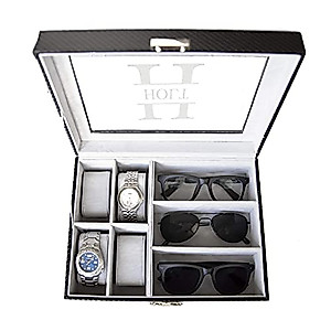 Personalized Engraved Watch Box Organizer for Men with Sunglasses Holder (Set of 5, Stamped Design), Monogrammed Jewelry Box - Unique Groomsmen Gifts for Wedding