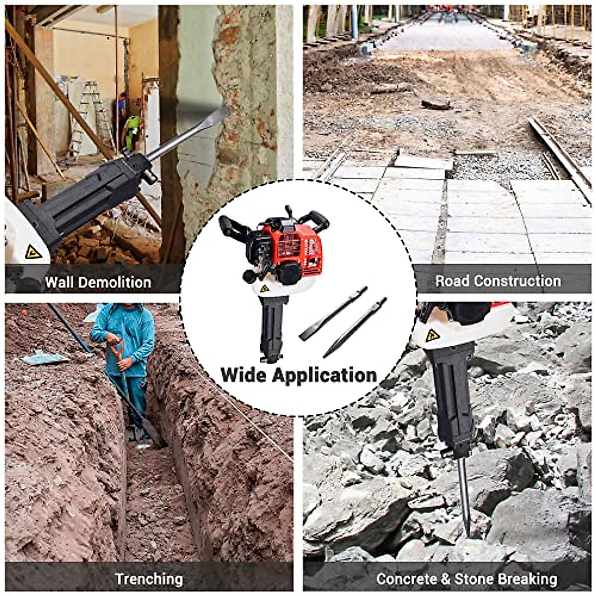 Yescom 52 cc 2 Stroke Gas Powered Demolition Jack Hammer 55J Gasoline Concrete Breaker Drill with 2 Chisels EPA Certified