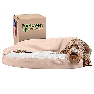 Furhaven 35" Round Orthopedic Dog Bed for Large/Medium Dogs w/ Removable Washable Cover, For Dogs Up to 50 lbs - Sherpa & Suede Snuggery - Cream, 35-inch