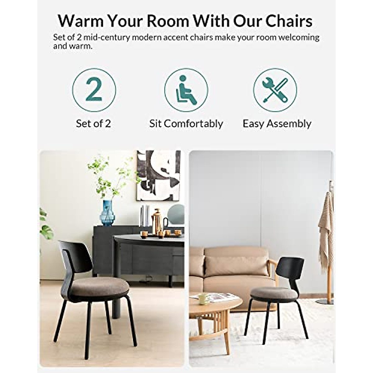 STARWAY Dining Chairs, Set of 2, Mid Century Modern Upholstered Chairs with Solid Wood Back & Sturdy Metal Legs, Modern Style Side Chairs Accent Chairs for Home, Bistro, Coffee Shops, 18.5", Black