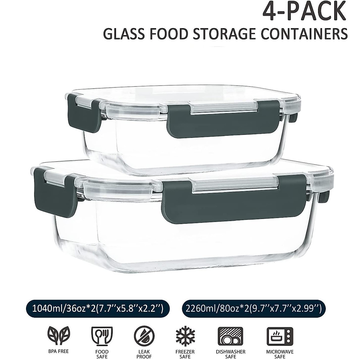 M MCIRCO [80 oz & 36 oz] Extra Large Glass Food Storage/Baking Containers Set with Lids, 2 Pack 80 oz(10 cup)&2 Pack 36 oz (4.5 cup) Airtight Glass Container,Microwave,Oven,Freezer and Dishwasher
