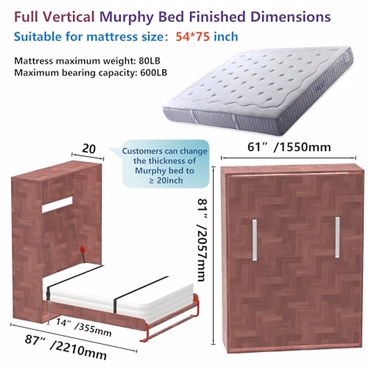 Tlongxia Murphy Bed Kit DIY Hardware with Coarse Gas Bumper Spring Frame Mattress Concealed for Semi-Automatic Foldable Cabinet Closet Bed Room Study Easy to Install (Vertical, Full)
