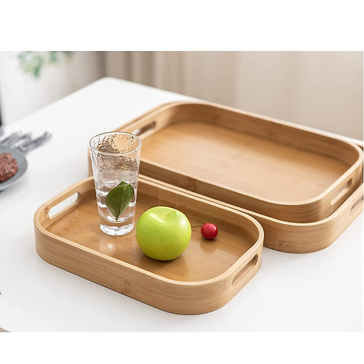 MysRuida Bamboo Serving Tray with Handles, Medium Nature Bamboo Breakfast Dinner Tray, Wooden Tea Coffee Food Tray for Kitchen, Living Room, Bar, Parties, 15.7 inch L x 11 inch W x 1.96 inch H