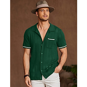 COOFANDY Knit Summer Shirts for Men Short Sleeve Button Down Polo Shirts with Pocket Green