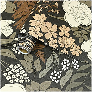HAOKHOME Peel and Stick Wallpaper Floral Vintage Removable Rose Leaf Black/Brown/Beige Stick on Mural 17.7in x 9.8ft