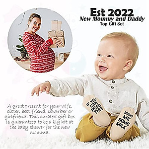 Pregnancy Gifts for First Time Moms, New Parents Gifts Mom and Dad Wine Tumbler with Lid Baby Onesie Socks Drool Bib Decision Coin, Idea for Baby Shower, Gender Reveal(Est 2023)