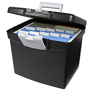 Storex Portable File Storage Box with Translucent Organizer Storage Lid- Plastic Office File Storage Box for Letter Paper and Hanging Folders, Black, Model Number: 61504A01C