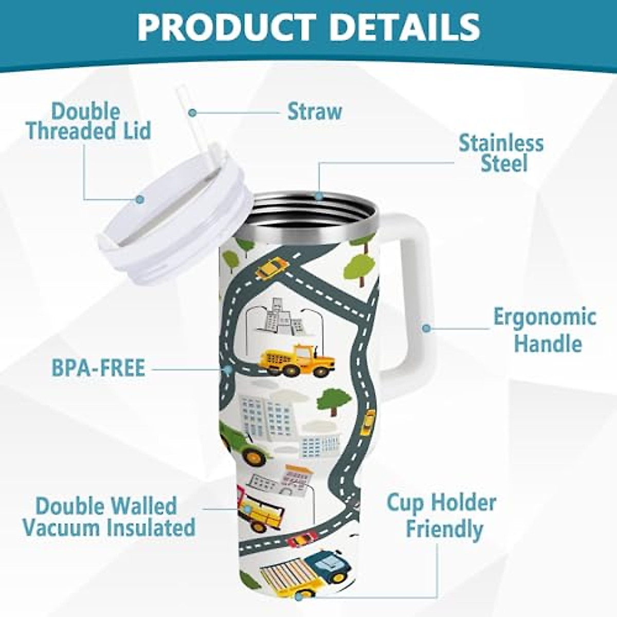 ODAWA a of Cute Cartoon Tractors Insulated Tumblers 30 Oz Coffee Mug with Straw and Lid