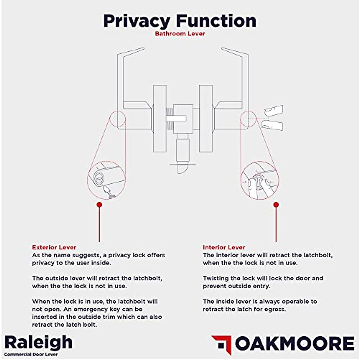 OAKMOORE Commercial Bathroom Door Handle (Privacy) – Heavy Duty Commercial Door Lock for Schools Offices Industrial Standard – Grade 2 UL CUL & ADA – Nickel Chrome – ANSI A156.2