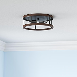 EAPUDUN Farmhouse Flush Mount Ceiling Light, 13" Imitation Wood 2-Light Fixture, Retro Style Lamp for Hallway, Entryway, Bedroom, Kitchen, Dining Room (FMA1138-FBDT)