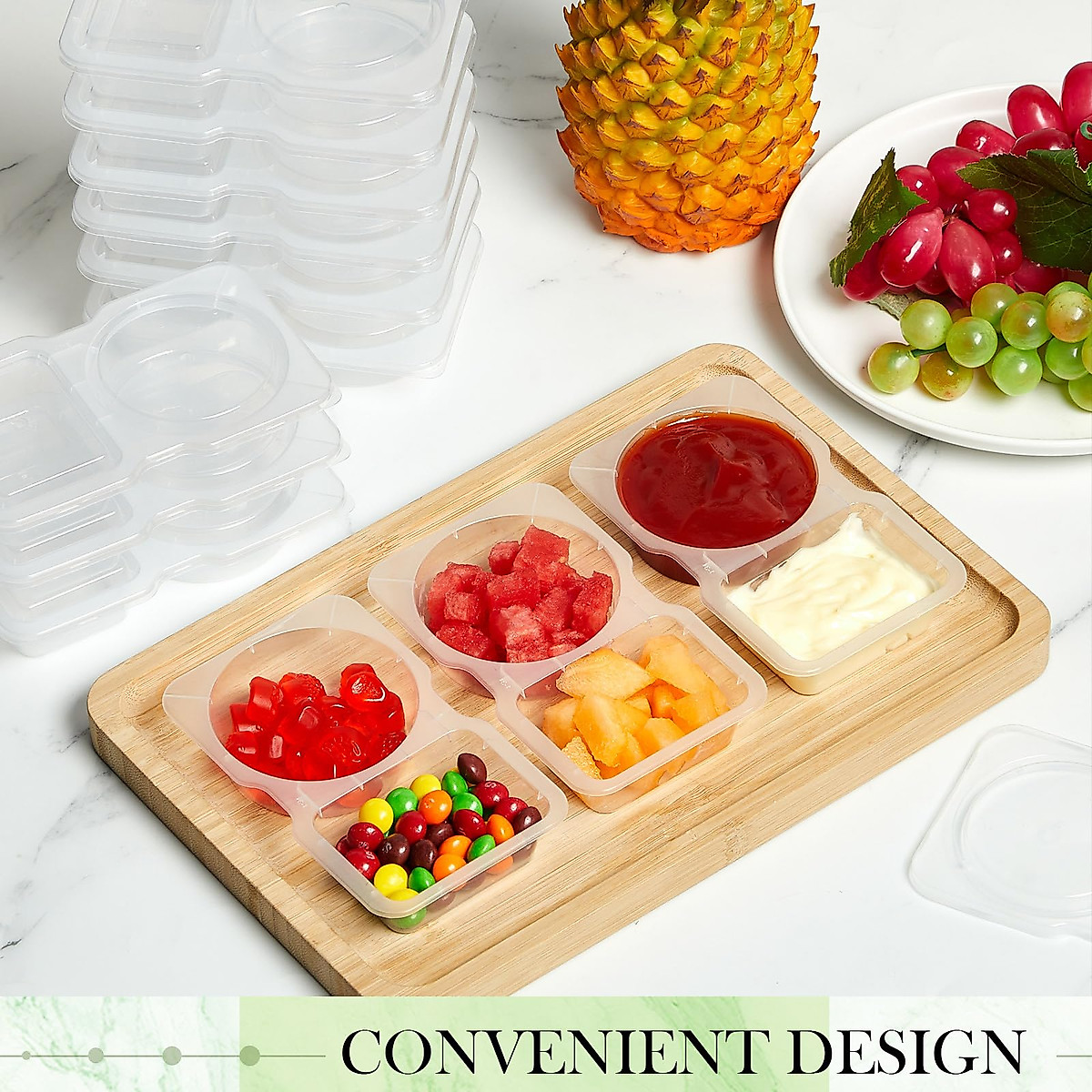 Blushtier 50 Pcs 5 oz Double Compartment Snack Containers with Lids Clear 2 Compartment Small Disposable Plastic Snack Containers for Sauce Salad Travel Sampling