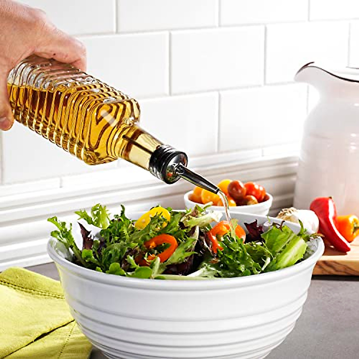 MosJos Oil and Vinegar Dispenser Set - 17 oz Ribbed Glass Olive Oil & Vinegar Cruet Set - Non-Drip, BPA-Free, Dishwasher Friendly Bottles with Stainless Steel Spouts (‎Clear Square)