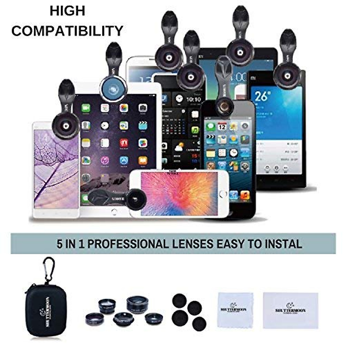SHUTTERMOON Upgraded Phone Camera Lens Kit for iPhone 13/12/11/X/8/7 Smartphones/Pixel/Samsung/Android Phones Camera. 2xTele Lens Zoom Lens+Fisheye Lens+Super Wide Angle Lens&Macro Lens+CPL (5 in 1)