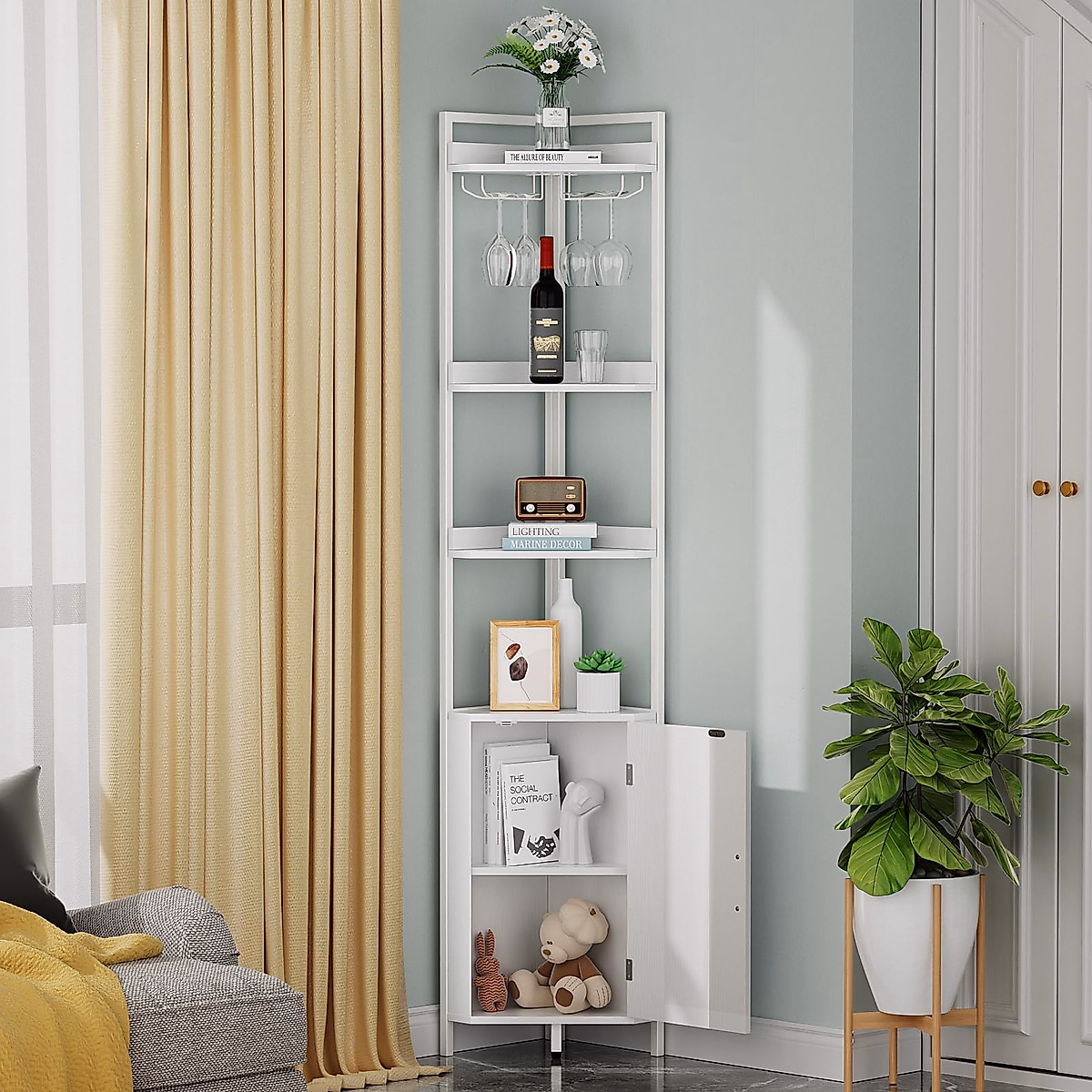 VOWNER 71'' Tall Corner Shelf, 6-Tier with Storage, Corner Bookshelf Stand, Storage Rack Plant Stand for Living Room, Study Room, Kitchen, Small Space, White