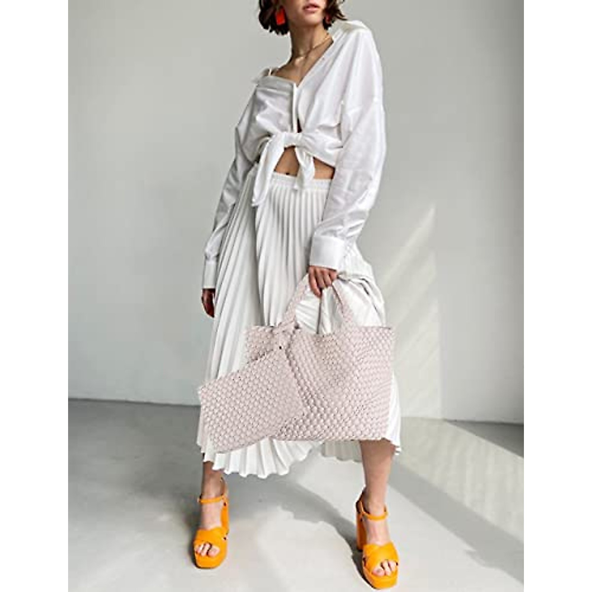 Large Woven Tote Handbags Women Designer Vegan Leather Shoulder Top-Handle Travel Tote Bag Lady Underarm Shopper Bags + Purse Beige