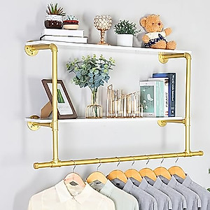 MOUTIK Wall Clothing Rack Gold - 46" Long Industrial Pipe Garment Rack with 2 Tier Shelves, Heavy Duty Iron Clothes Rod Retail Display for Bedroom, Laundry