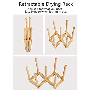 Woiworco Wooden Bottle Drying Rack, Nature Bamboo Retractable Cup Drying Rack and Mug Tree, Dish Drying Rack and Cup Drying Stander Holder for Cup, Cutting Board, Bowl, Plastic Bag Dryer Rack