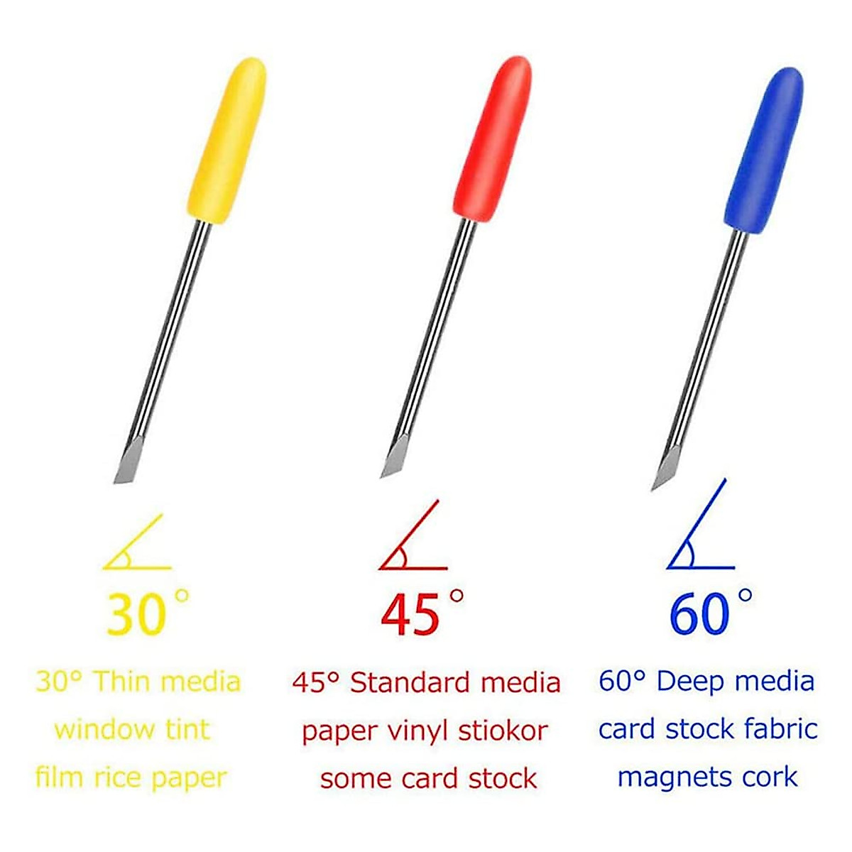 Eovuasclk 30 Pcs 30/45/60 Degree Blade Vinyl Cutter Plotter Cutting Blades for CB09 CB09U Graphtec with Blade Holder Base, Yellow&red&blue