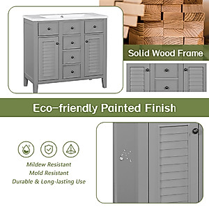 36" Bathroom Vanity Without Sink, Bathroom Vanity Base with Two Cabinets and Five Drawers, Modern Freestanding Bathroom Storage Cabinet with Solid Wood Frame and Soft Closing Doors for Bathroom, Grey