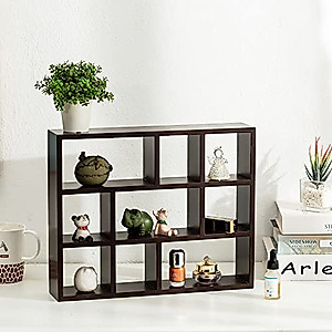 Sziqiqi Wood Floating Shelves 9-Compartment Small Hanging Display Shelf - Rustic Wall Mounted Freestanding Multi-Slot Storage Shelving for Bedroom Kitchen Living Room Bathroom Brown