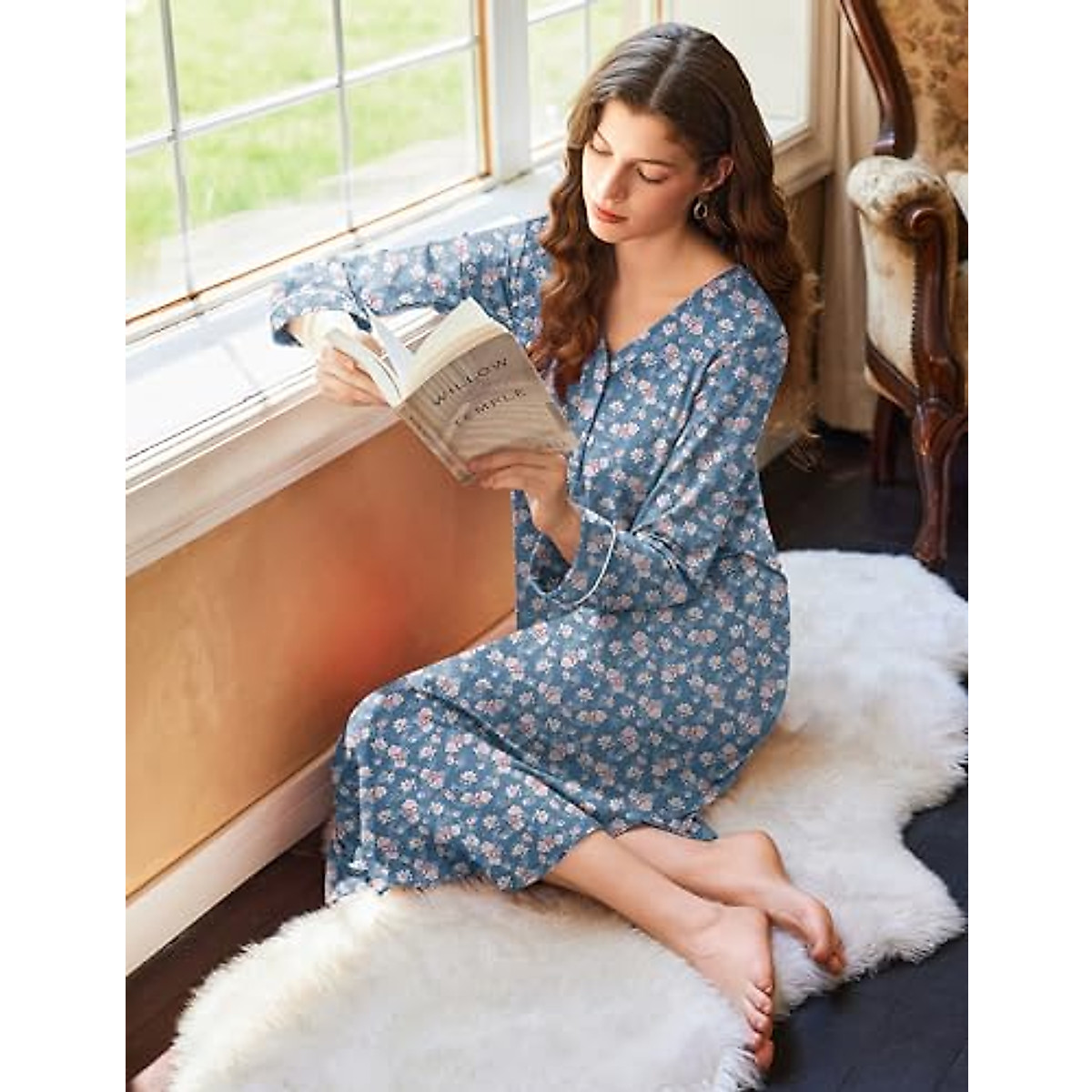 Ekouaer Womens Long Sleeve Nightgown Long Nightshirt Full Length Loungewear Button Down Sleep Dress Blue-Red Flowers XX-Large