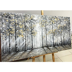 V-inspire art, 24x48 Inch Modern Impressionist Tree art 100% Hand Painted Canvas Wall art Oil Painting Large Paintings Gray Wall Decoration Acrylic Paint Knife Painting