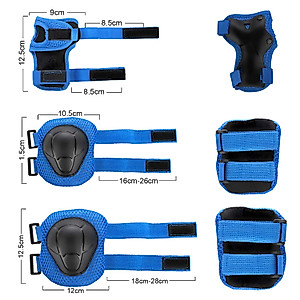 WayEee Kids Bike Helmet Set Skateboard Knee Pads, 7PCS Protective Gear Adjustable for Girls Boys 3-10 Age Elbow Pads Wrist Guards for Outdoor Sports Cycling Bike Roller Skating Scooter, Youth, Blue