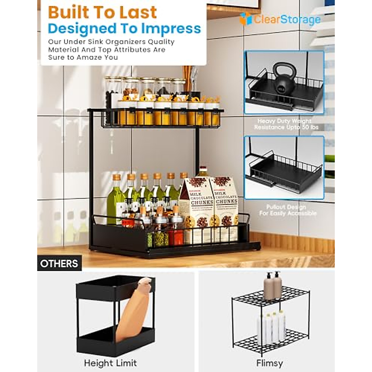 ClearStorage Under Sink Organizers and Storage, 2 Tier Under Sink Organizer Pull Out Sliding Under Bathroom Cabinet Organizer with Non-Slip Feet for Kitchen Cabinet bathroom sink Organizer (BLACK)