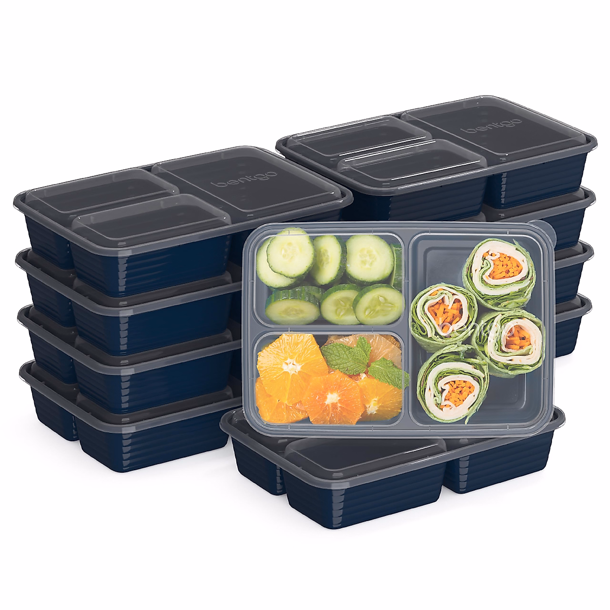 Bentgo Prep 3-Compartment Meal-Prep Containers with Custom-Fit Lids - Microwaveable, Durable, Reusable, BPA-Free, Freezer and Dishwasher Safe Food Storage Containers - 10 Trays & 10 Lids (Navy Blue)