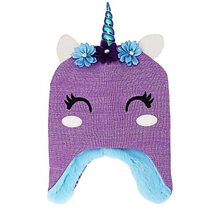 Little Girls Winter Unicorn Beanie Hat and Gloves Set Kids Knitted Earflap Cap Flip Top Mitten Set