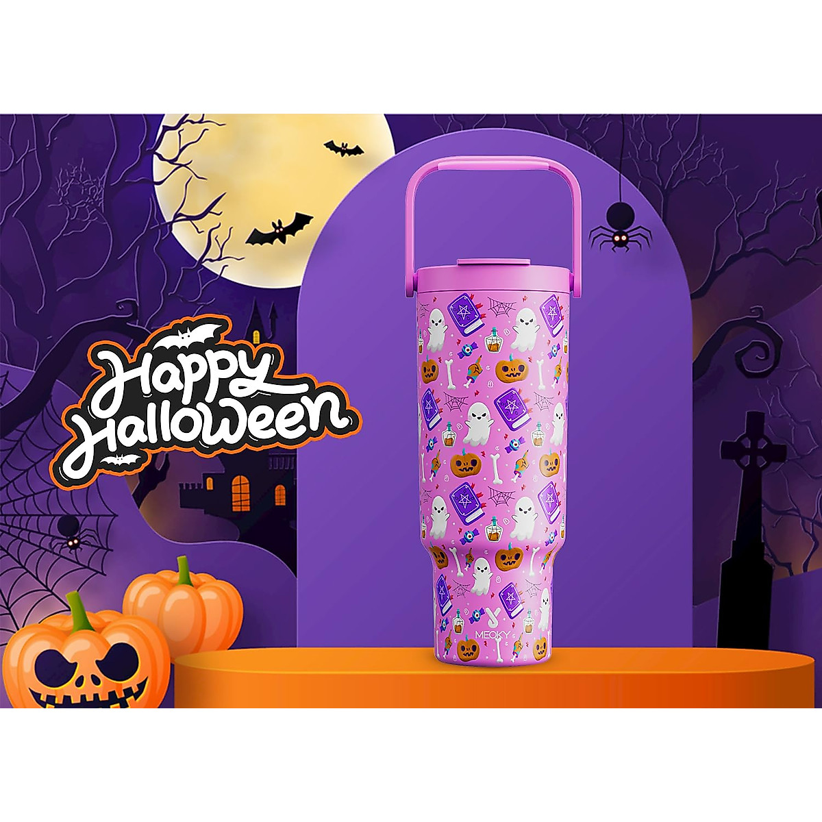 Meoky 40 oz Halloween Tumbler with Handle and Straw, Insulated Water Bottle, Stainless Steel Travel Mug, Keeps Cold for 34 Hours, Fits in Car Cup Holder (Spooky Pumpkin)