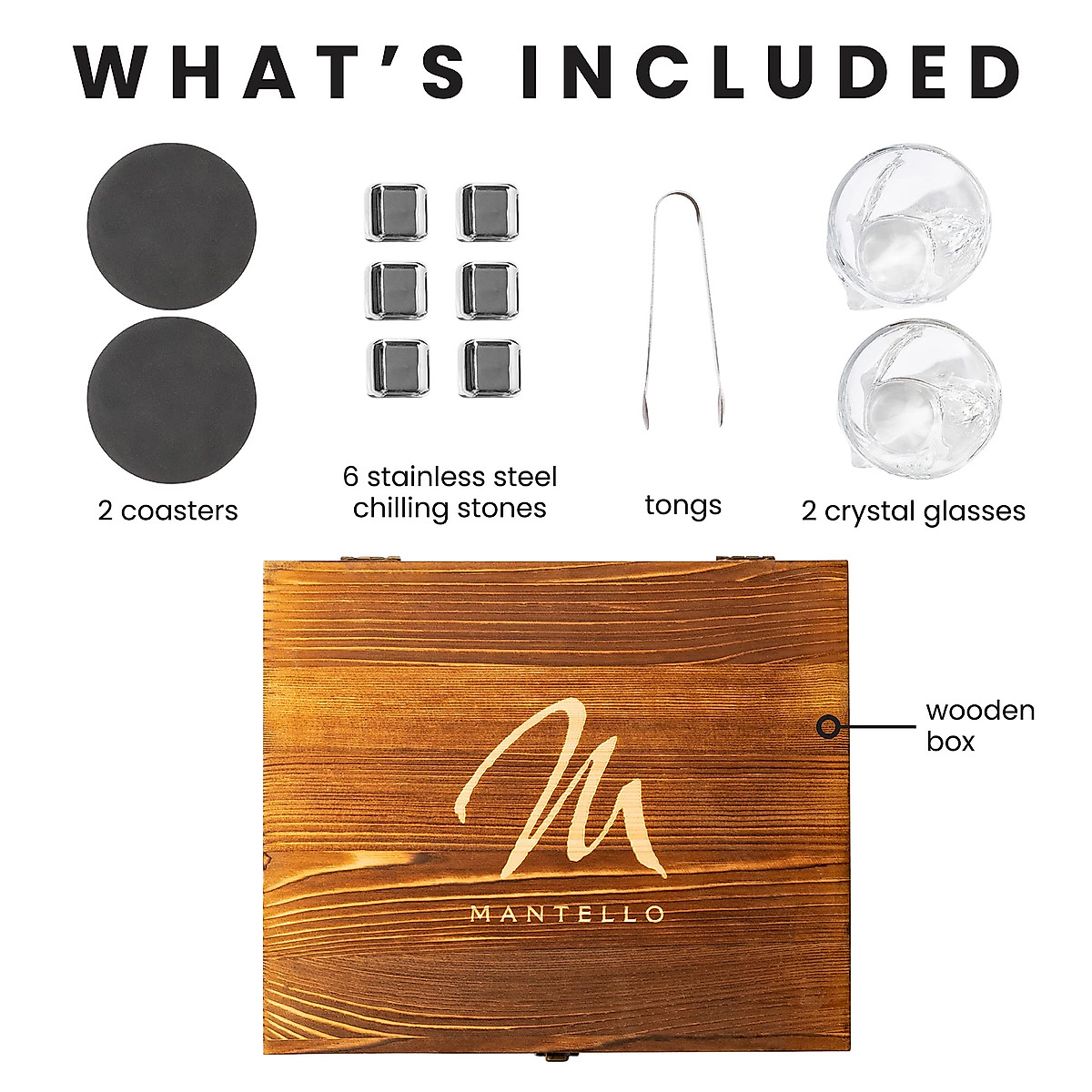 Mantello Whiskey Stones Gift Set for Men - Whiskey Glass Set of 2 with Stainless Steel Whiskey Stones - Whiskey Gifts for Men, Whisky Glasses and Whiskey Stones Rocks