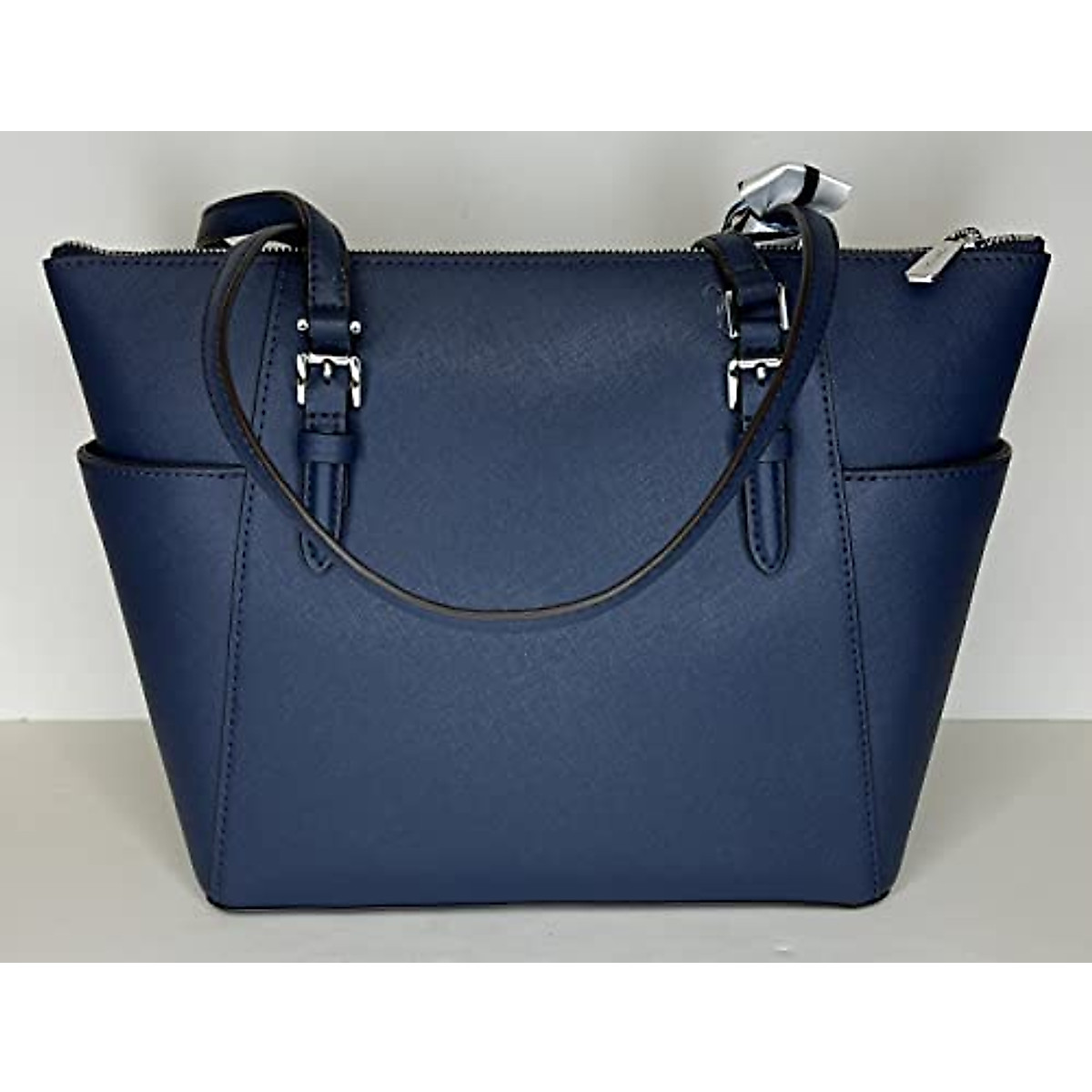 Michael Kors Charlotte Large Zip Tote bundled with matching Trifold Wallet Purse Hook (Navy/Signature MK Bright White)