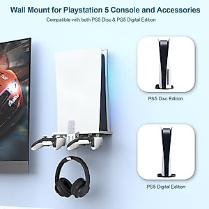 SWTOTK PS5 Wall Mount Kit with Charging Cable, 6-in-1 Playstation 5 (Disc & Digital) Metal Wall Stand with 2 Detachable Controller Hanging Bracket/Remote Box/Headset Hanger, w/Non-Slip Mat White