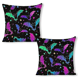 JOJOART Halloween Colorful Bats Throw Pillow Covers 18×18 Pillowcases Set of 2 Neon Star Linen Decorative Square Pillow Case Cushion Covers Standard Size for Sofa Couch Outdoor Bed Pillow Protectors