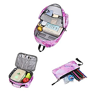 Imyth 3Pcs colorful Backpack sets for Teen Girls, Cute Bookbag School Daypacks for Elementary Middle Students (Marble powder)