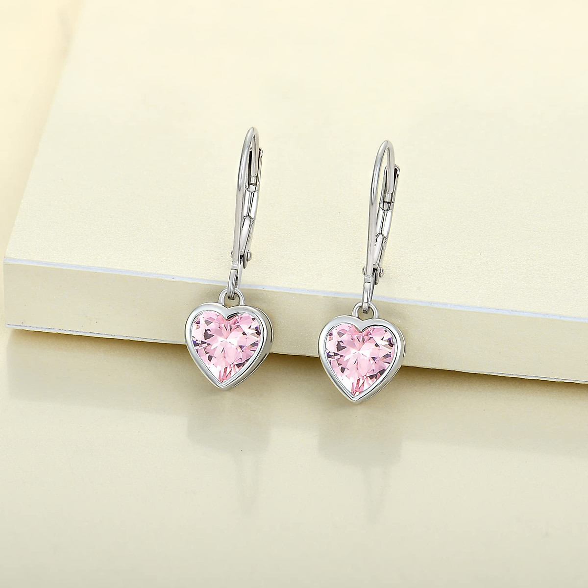 YL Women's Solitaire Dangle Drop Earrings Sterling Silver Heart Leverback Earrings Created Pink Tourmaline Jewelry Gifts