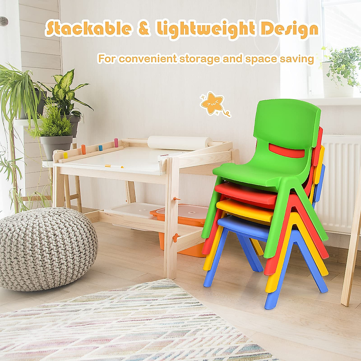 Costzon Kids Chairs, Stackable Plastic Learn and Play Chair for School Home Play Room, Colorful Chairs for Toddlers, Boys, Girls (Multicolor, 4 Chairs)