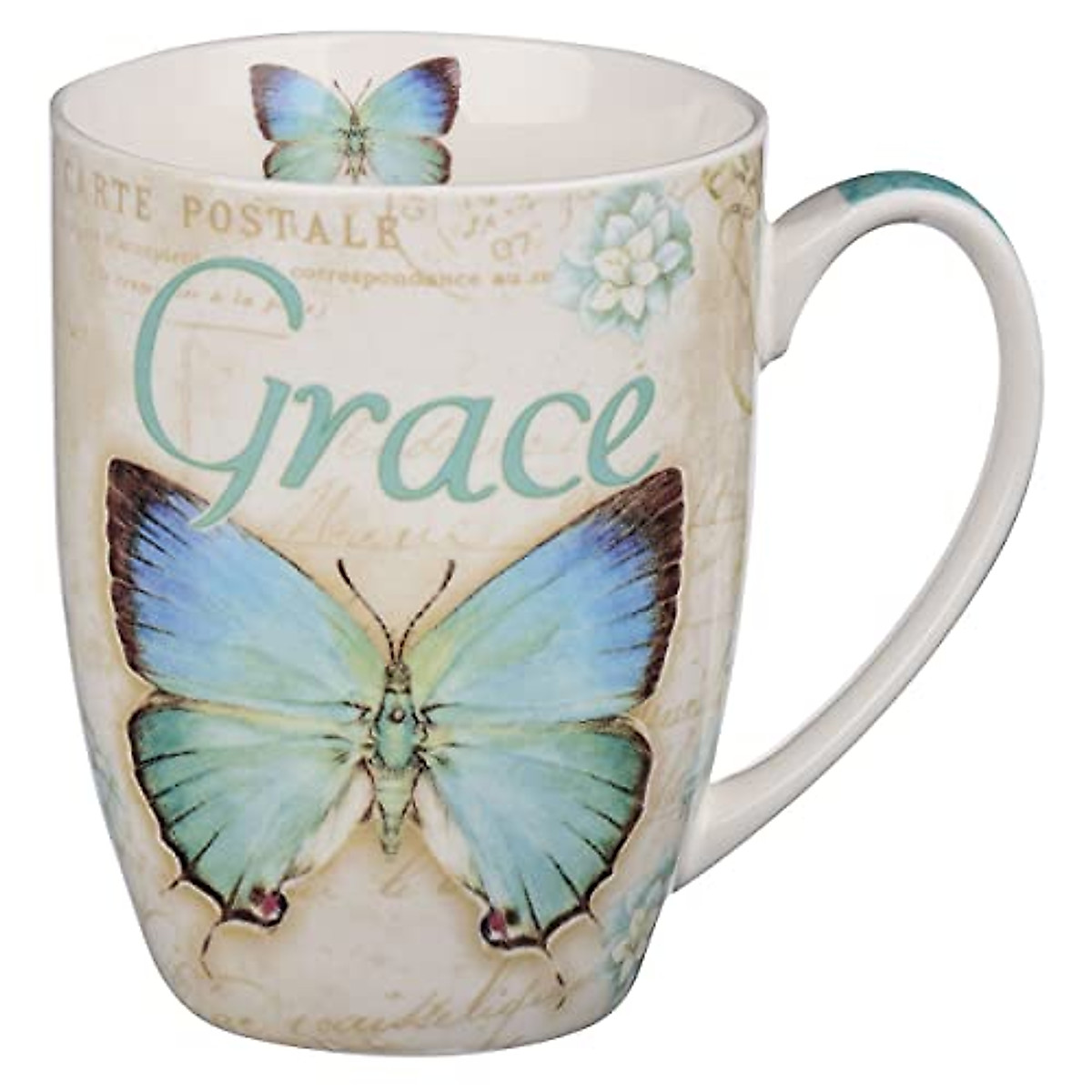 Amazing Grace Butterfly Mug – Botanic Teal and Blue Butterfly Coffee Mug w/Ephesians 2:8, Bible Verse Mug for Women and Men – Inspirational Coffee Cup and Christian Gifts (12-ounce Ceramic Cup)