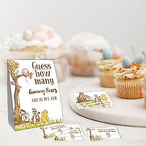 Winnie Baby Shower Games Card for Boys Girls, Includes 1 Guess How Many Gummy Bears Sign and 30 Guessing Cards, Winnie Game Cards Set, Baby Shower Birthday Party Decorations