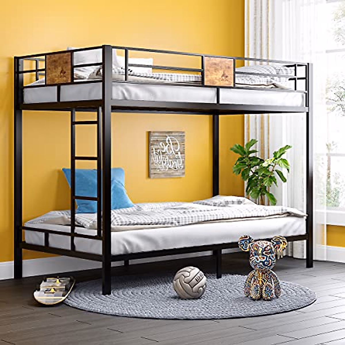 SHA CERLIN Bunk Bed Twin Over Twin Size with Ladder and Full-Length Guardrail, Metal, Storage Space, No Box Spring Needed, Noise Free, Black