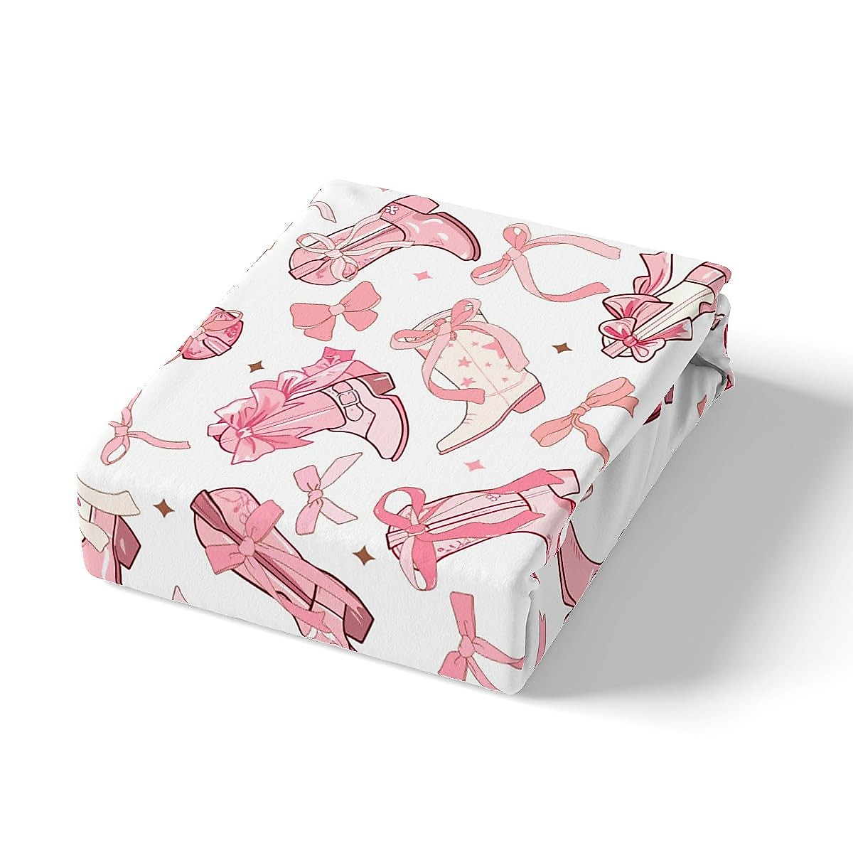Cowgirl Fitted Sheet Twin Size,Western Cowboy Boots Pink Bowknots Bed Sheet with 1 Pillowcase,Dreamy Fairy Tale Princess Starry Pink White Soft Decorative Fabric Bedding,Room Gift