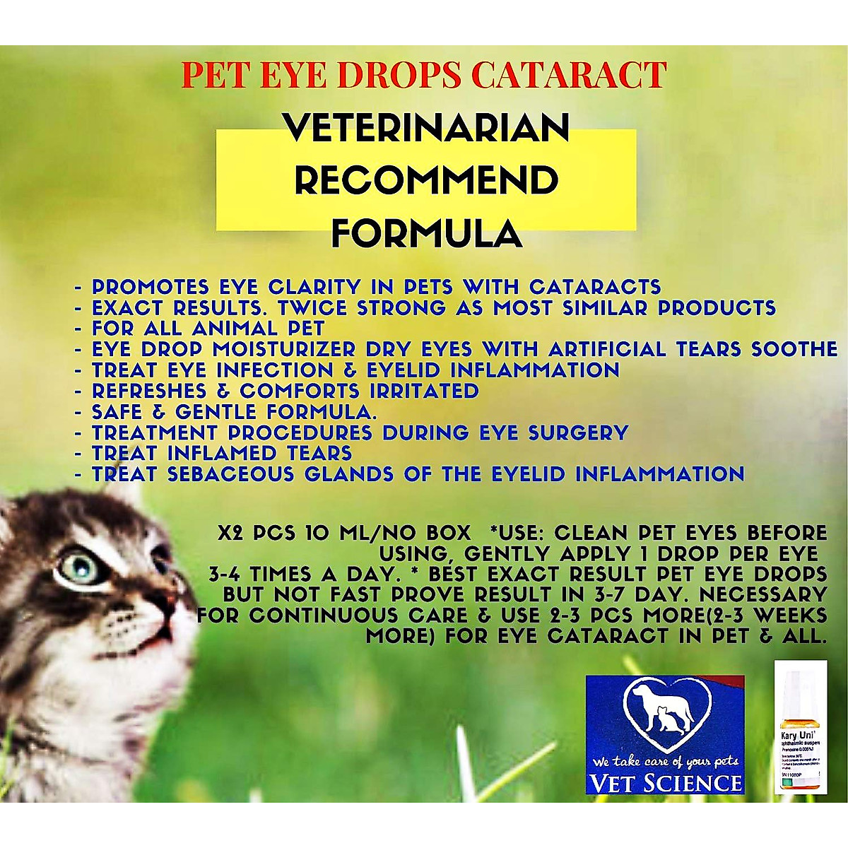 Kary Uni X2 Pcs 10 Ml Best Pet Eye Drop Cataracts Treat Eye Infection Inflammation Safe & Gentle Formula - All Animals Dog Cats Pet Eye Care