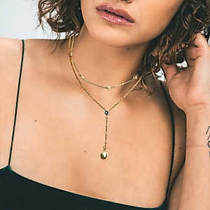 Jean Beau 2PCS Small Pearl Strand Layered Chain Gold Station Choker Necklaces - Dainty Long Drop Dangle Rhinestone Zirconia Y Necklace Accessories Jewelry Gift for Women